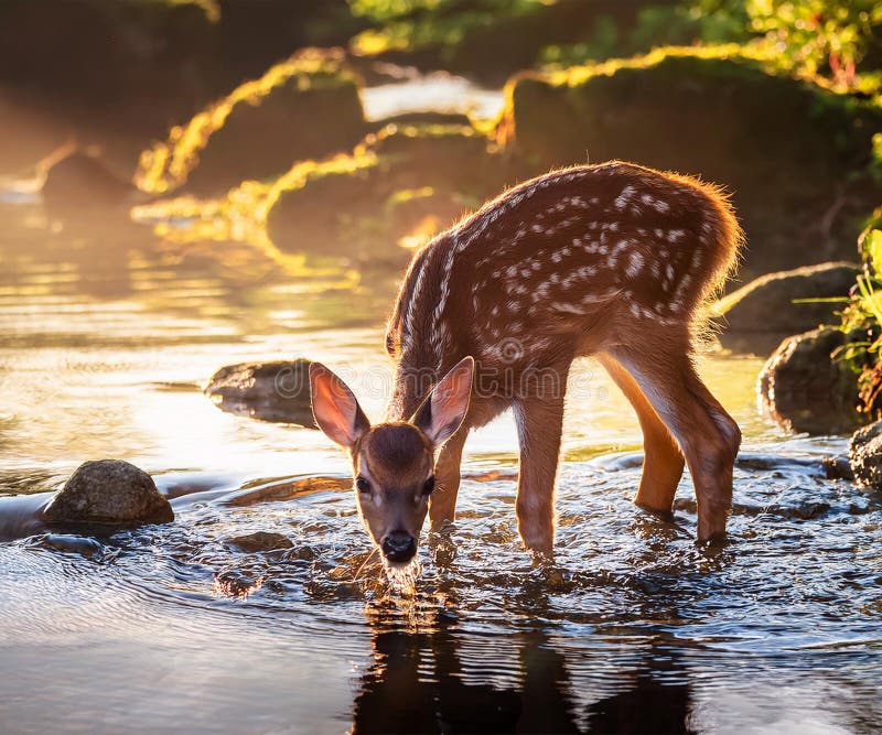 Little Deer Crosses a Stream in the Woods at Dawn. Stock Illustration ...