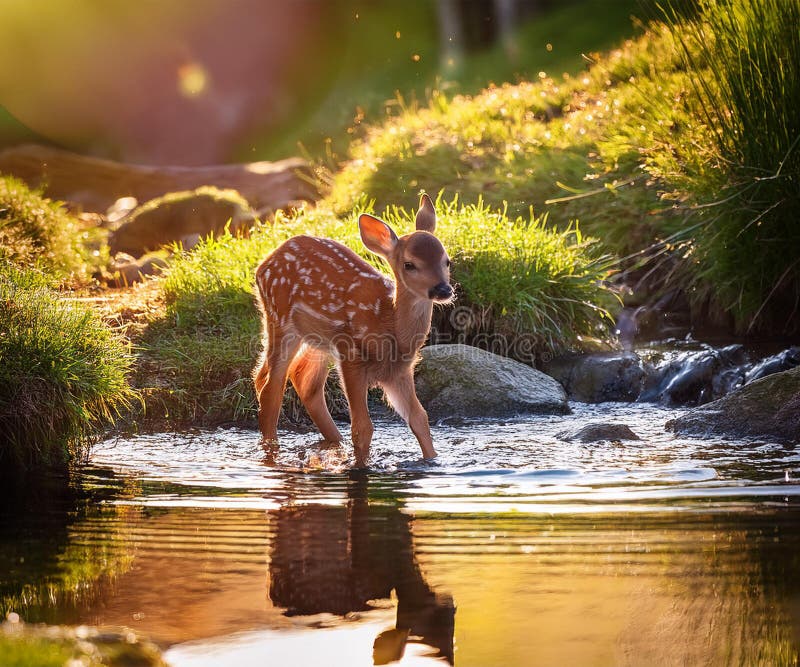 Little Deer Crosses a Stream in the Woods at Dawn. Stock Illustration ...