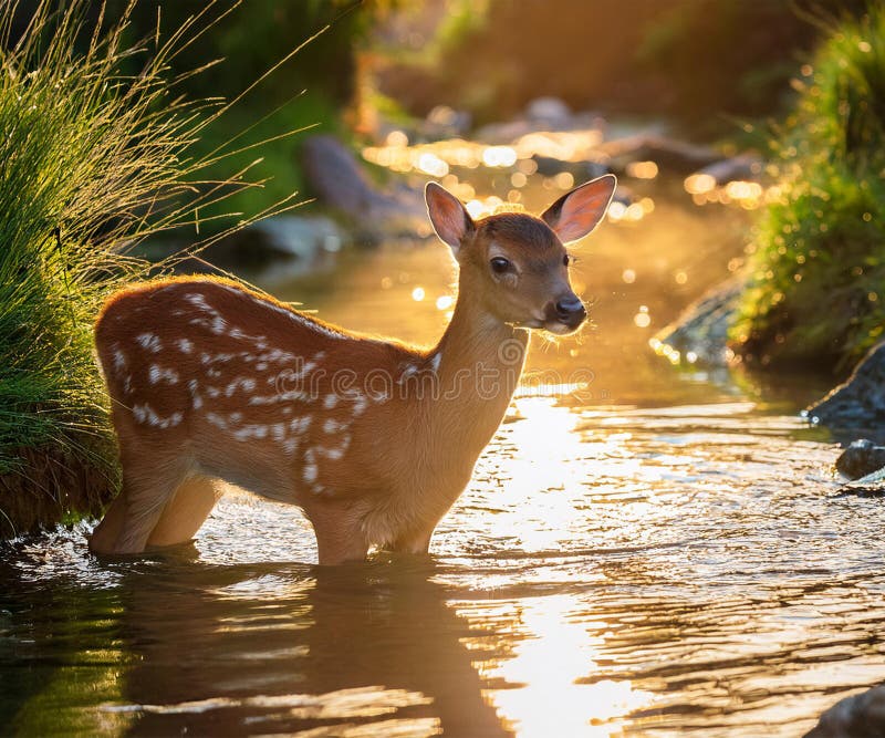 Little Deer Crosses a Stream in the Woods at Dawn. Stock Illustration ...
