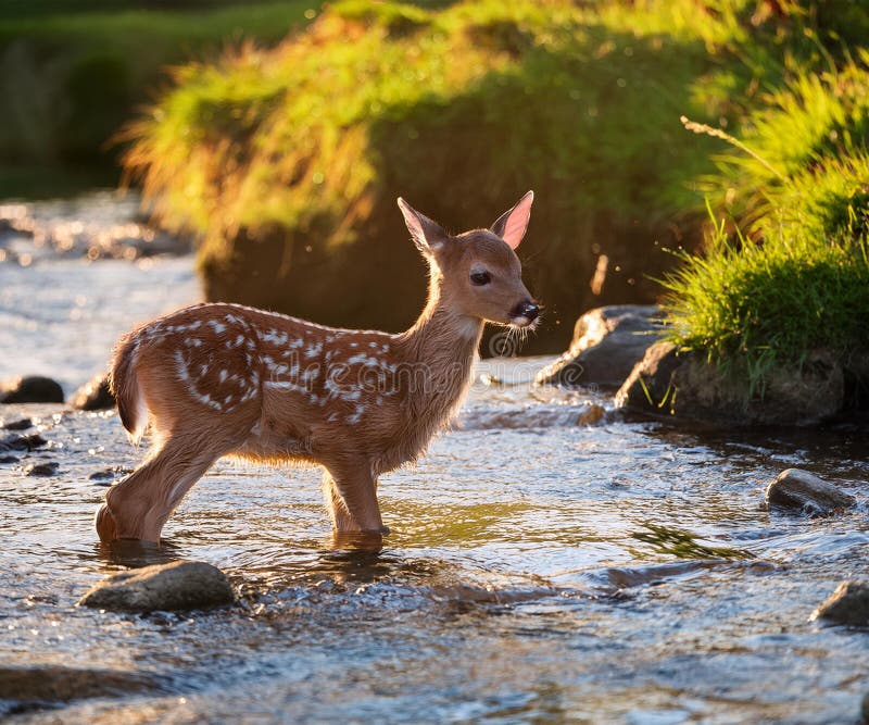 Little Deer Crosses a Stream in the Woods at Dawn. Stock Illustration ...