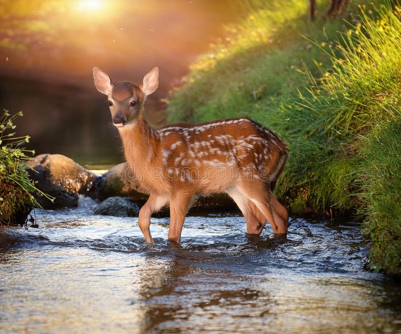 Little Deer Crosses a Stream in the Woods at Dawn. Stock Illustration ...
