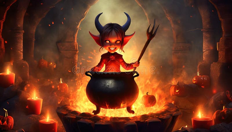 Little Devil by the Cauldron Stock Illustration - Illustration of ...