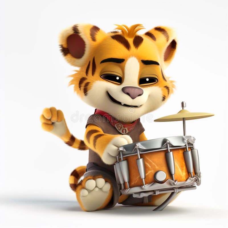 A Little Disney-style Tiger Cub Plays the Drums. Generative AI Stock ...