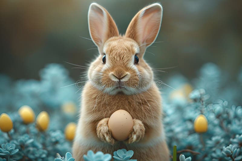 Little Easter Bunny with Easter Eggs on the Beautiful Lawn Stock ...