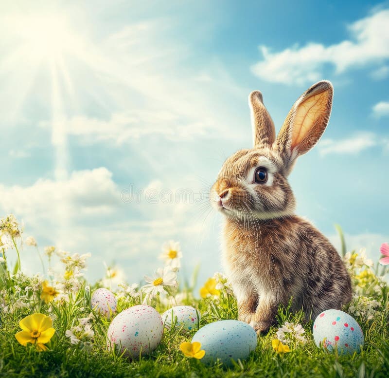 A Little Easter Bunny and Easter Eggs Resting on Green Grass Stock ...