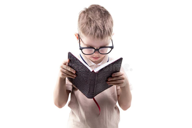 Little Educated Boy Reading Book Stock Photo - Image of question ...