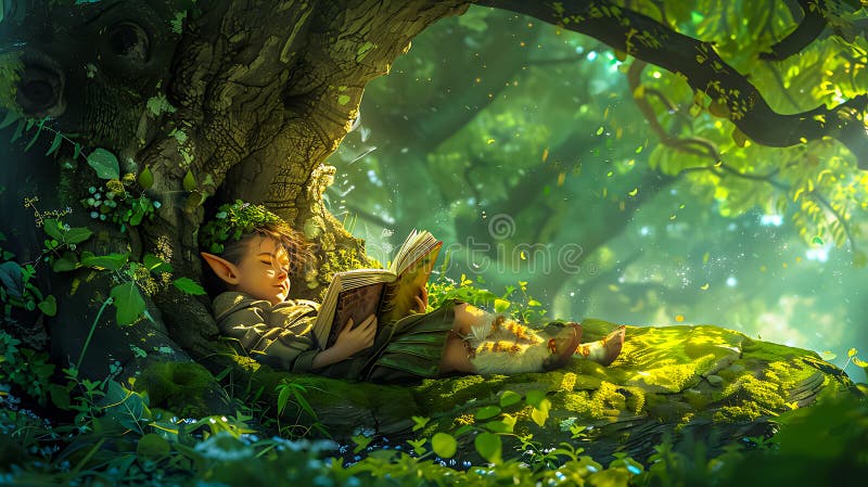 A Little Elf with a Cute Face Lying Down and Reading a Book. at the ...