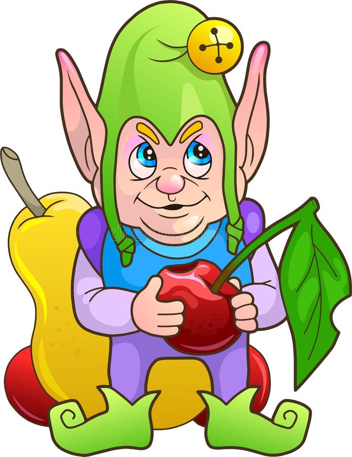 Little elf eating cherries stock vector. Illustration of vector - 81028379
