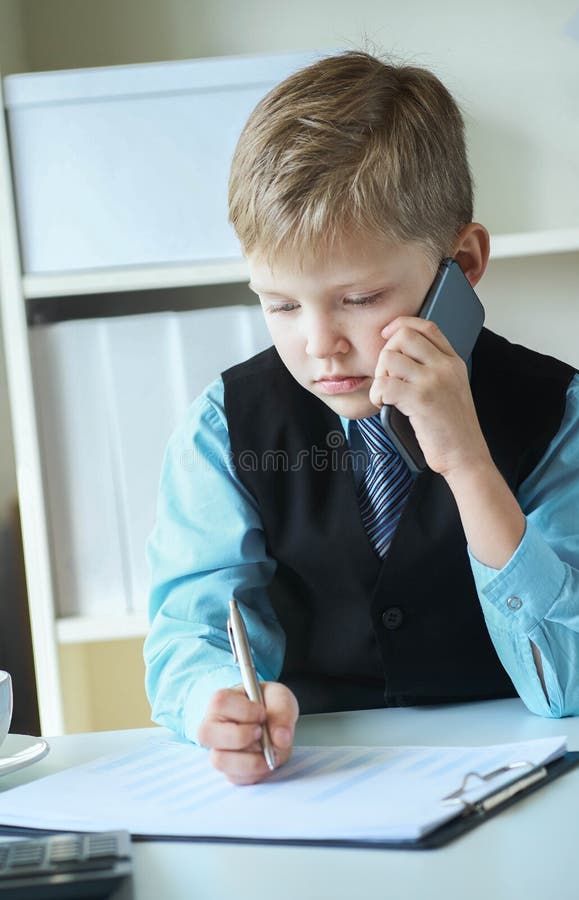 Little Executive Businessman Boss Boy Making Notes and Talks on the ...