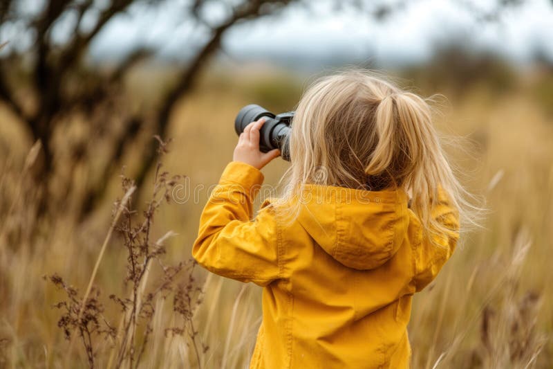 Little Explorer Using Binoculars in a Field of Dry Grass Stock Image ...