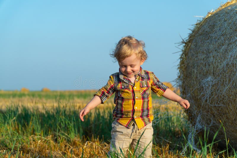 Little Fair-haired Boy Playing on a Wheat Field with Bales Stock Photo ...