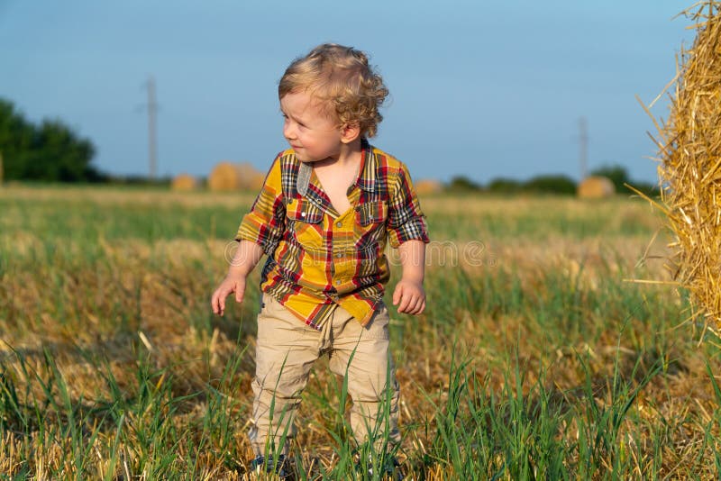 Little Fair-haired Boy Playing on a Wheat Field with Bales Stock Image ...