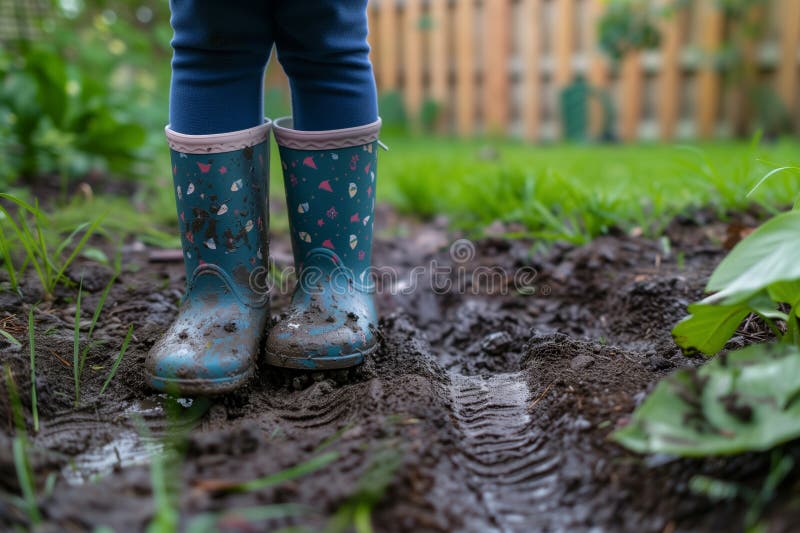 Little Feet in Rain Boots Making Tracks in a Backyard Mud Patch Stock ...
