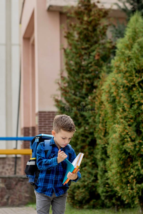Little First Grader with Backpack Looking the Copybook, Going Home from ...