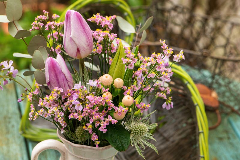 Little Flower Bouquet with Pink Tulips an Berries Stock Photo - Image ...
