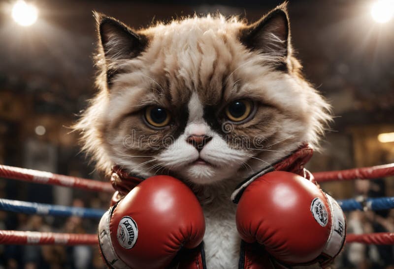 Little Fluffy Cat in Boxing Gloves on a Ring. Generative AI Stock Photo - Image of anger ...