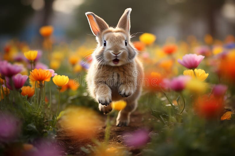 Little Fluffy Decorative Rabbit Running on Field, Easter Concept Stock ...