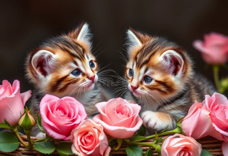 Little Fluffy Kittens in Pink Roses Stock Illustration - Illustration ...