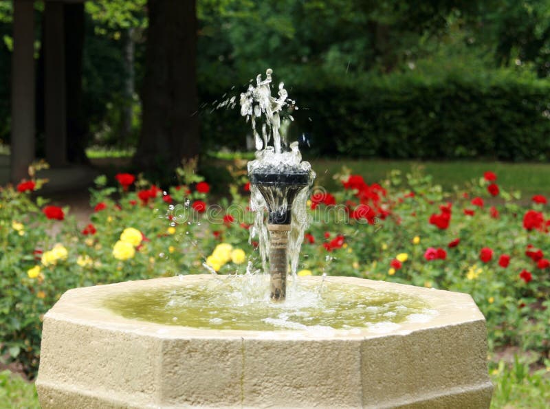 Fountain with red roses stock image. Image of sunset - 93165209