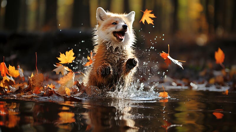 Little Fox Playing with Maple Leaves in a Puddle Stock Illustration ...