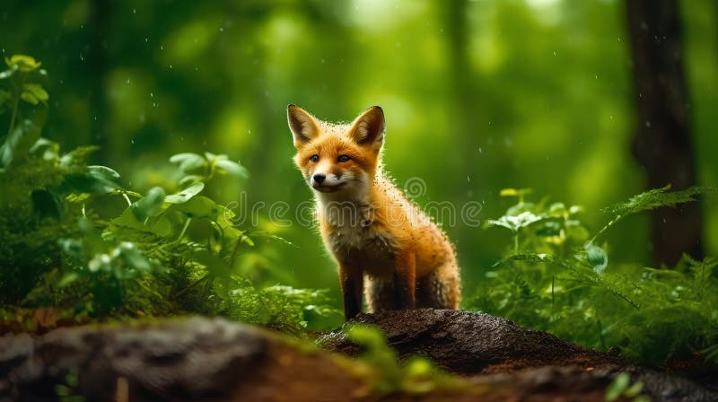 Little Fox in Rain Forest, Image Ai Generated Stock Illustration ...