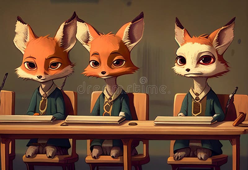 Little Foxes Sit at School Desks, Cartoon Style Characters. AI ...