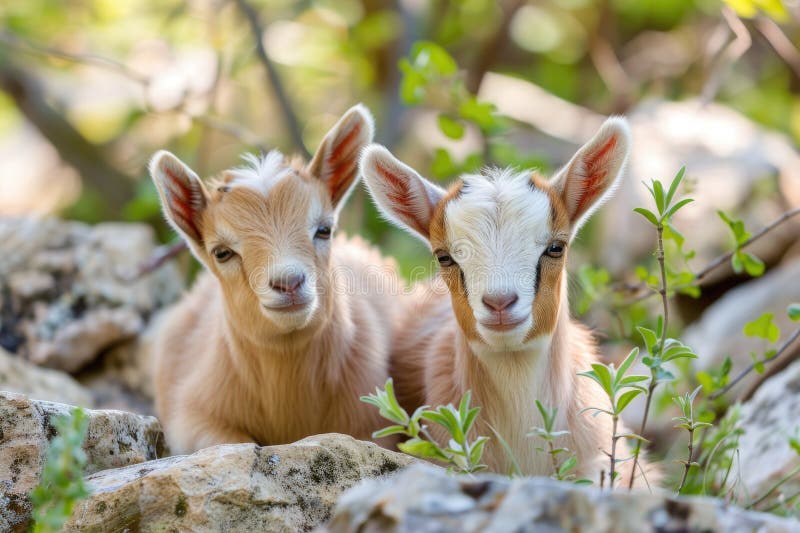Little Funny Baby Goats in the Wild Stock Illustration - Illustration ...