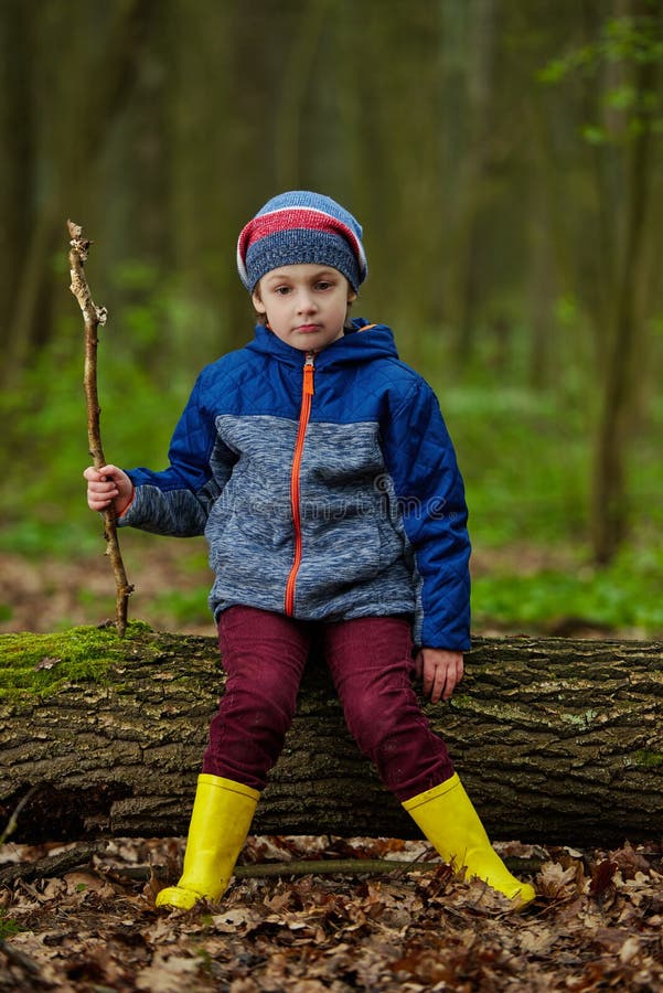 Little Funny Boy on Big Log Stock Image - Image of concept, summer ...