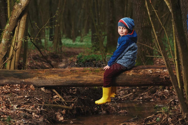 Little Funny Boy on Big Log Stock Image - Image of summer, little: 93043229