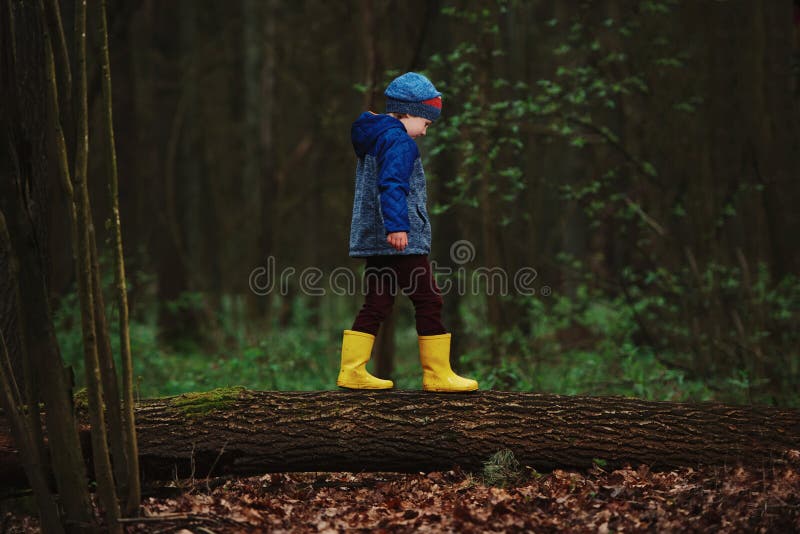 Little Funny Boy on Big Log Stock Image - Image of happy, forest: 93043361