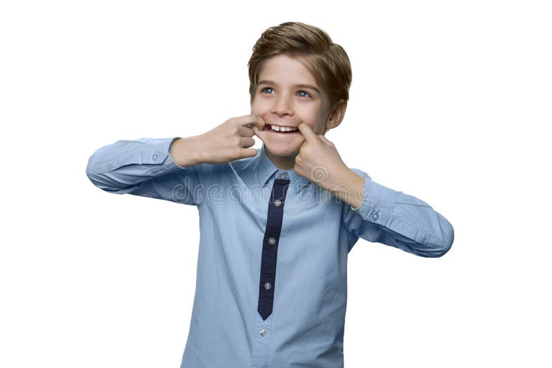 Little Funny Boy Pull a Face on White Background. Stock Image - Image ...
