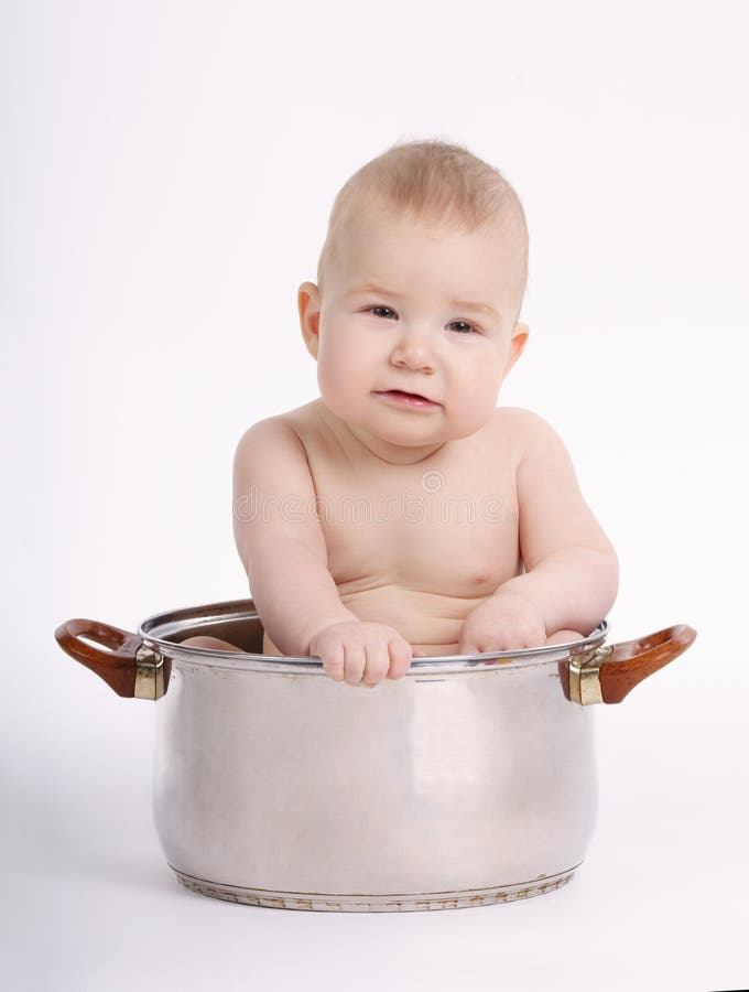 Little Funny Boy Sitting in Pan Stock Photo - Image of food, happy ...