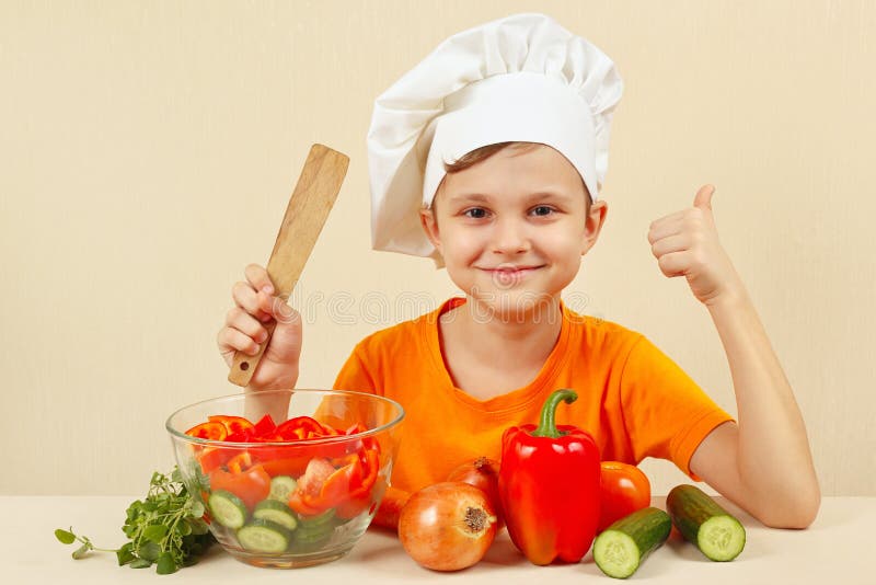 Little Funny Chef Shows How To Cook Vegetable Salad Stock Image - Image ...