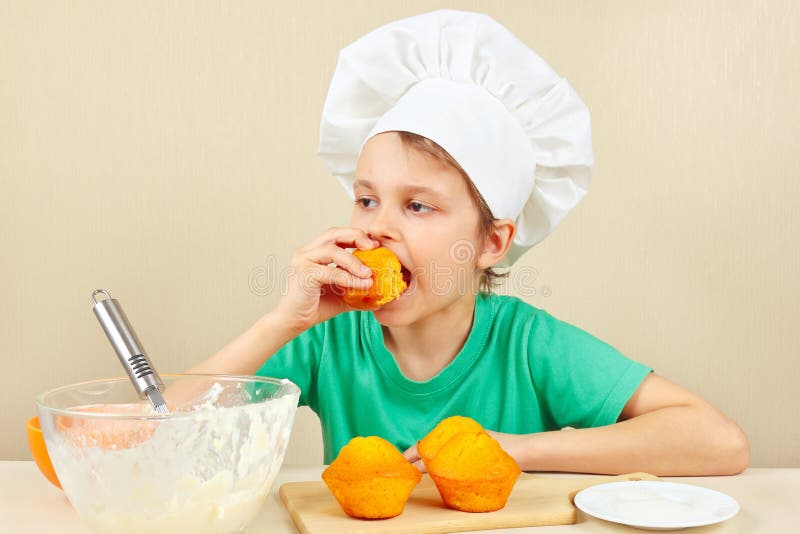 Little Funny Chef is Tasting Cooked Homemade Cake Stock Photo - Image ...