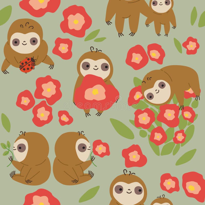 Little Funny Sloth Seamless Pattern. Cute Animals with Flowers Stock ...
