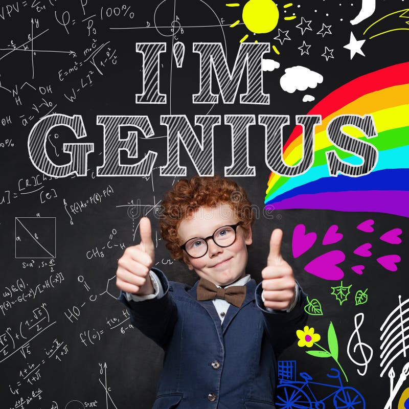 Little Genius. Cute Child on Blackboard with Science Formula and Arts ...