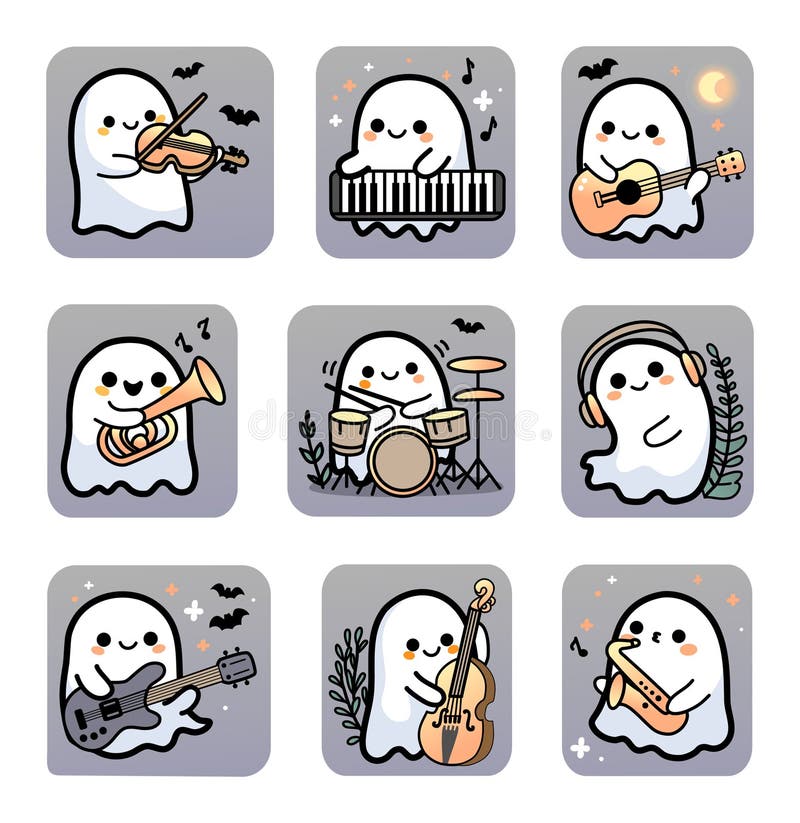 9 Halloween Stickers with Music Baby Ghosts Stock Vector - Illustration ...