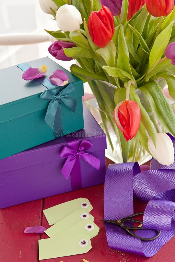Little Gift Boxes and Fresh Tulips Stock Photo - Image of magenta ...