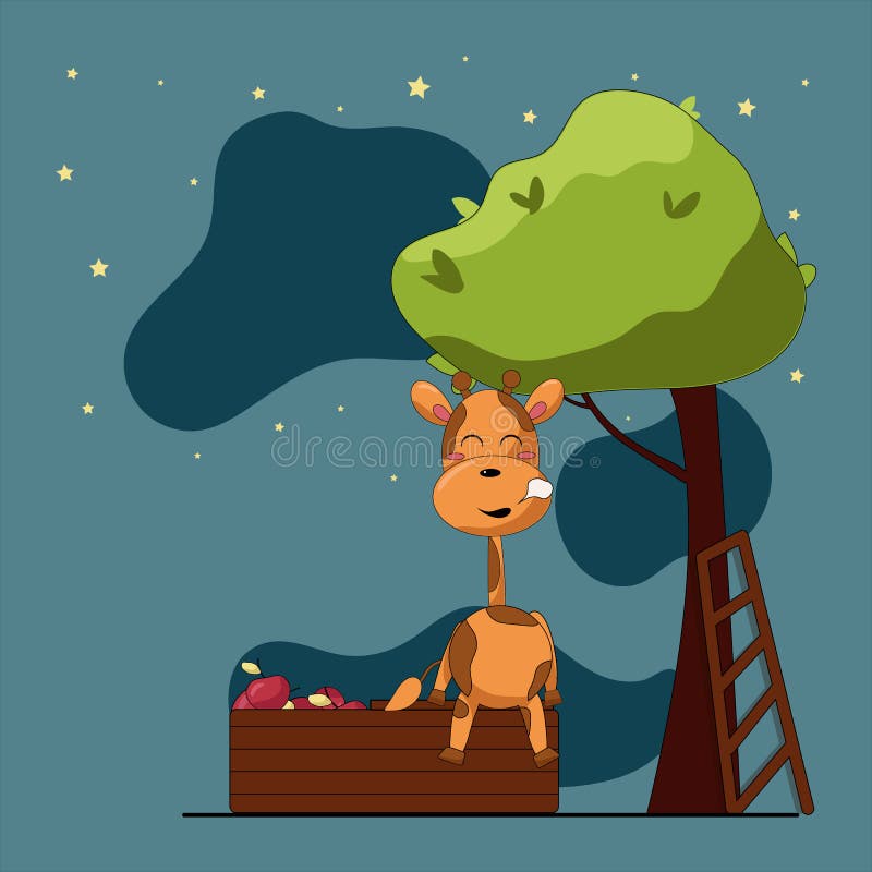 Little Giraffe Sits and is Happy with the Picked Apples Stock Vector ...