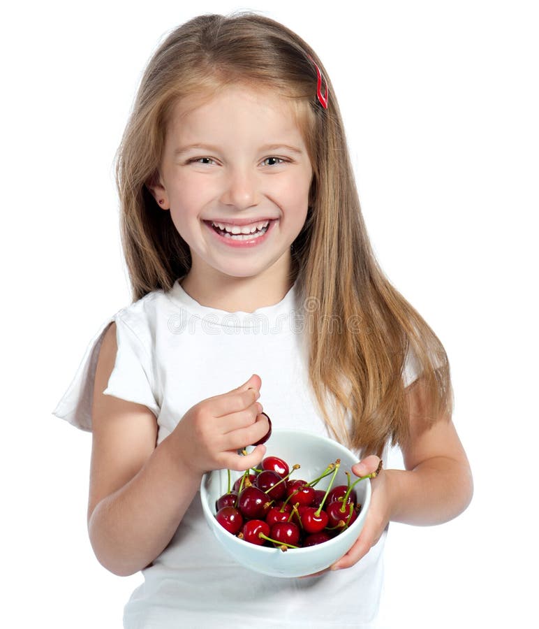 Happy Little Girl Eating Cherries Stock Image - Image of girl, cute ...