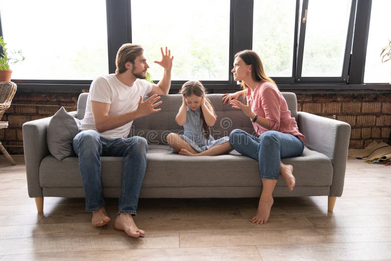 Little Girl between Arguing Parents at Home. Stock Image - Image of ...