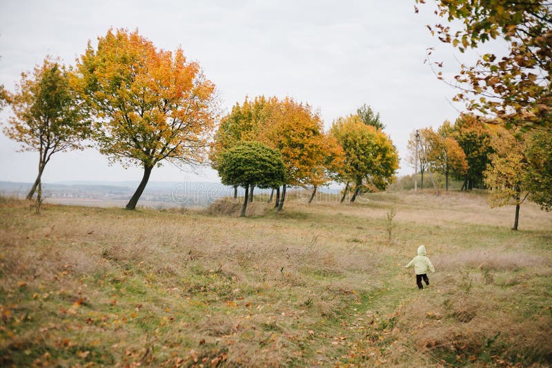 Little Girl in the Autumn Park. Run Pathway Stock Image - Image of cute ...