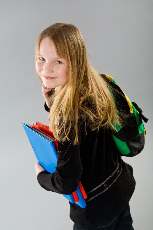Little Girl with Backpack and Books Stock Photo - Image of smart ...