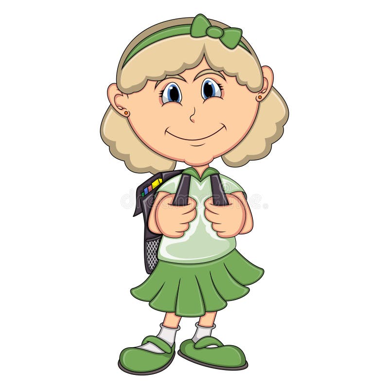 Little Girl With Backpack Cartoon Stock Vector - Illustration of dress ...