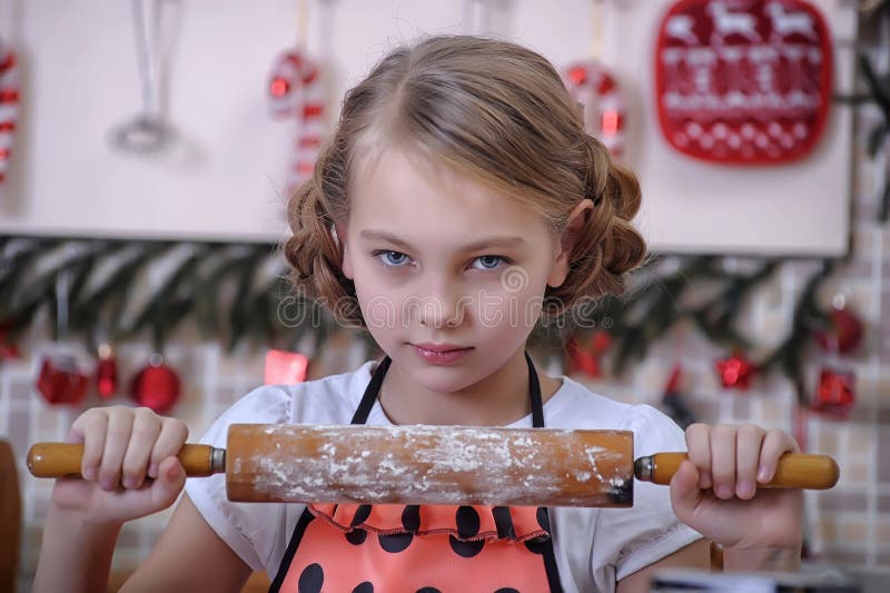 Little Girl Baker on Kitchen with Rolling Pin Stock Photo - Image of ...