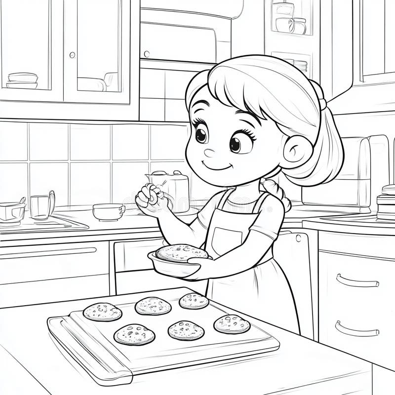 Little Girl Baking Cookies in the Kitchen Stock Illustration - Illustration of spatula, baking ...
