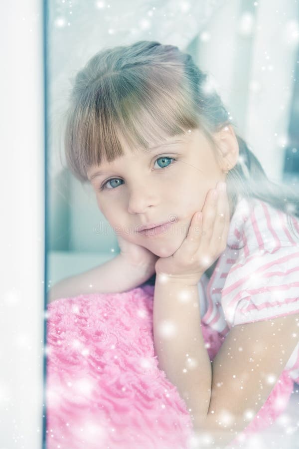 Little Girl Behind a Window. Stock Image - Image of childhood, pose ...