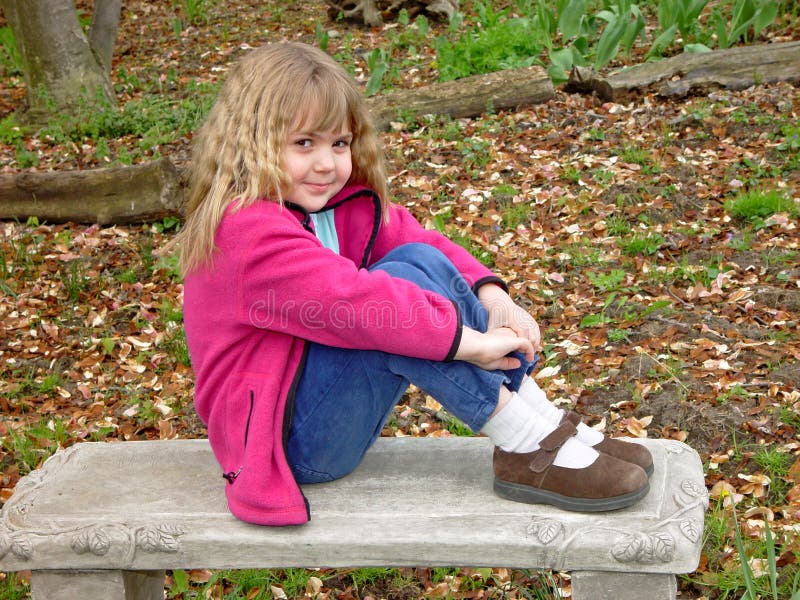 Little Girl on Bench in Autumn Stock Image - Image of girl, horizontal ...