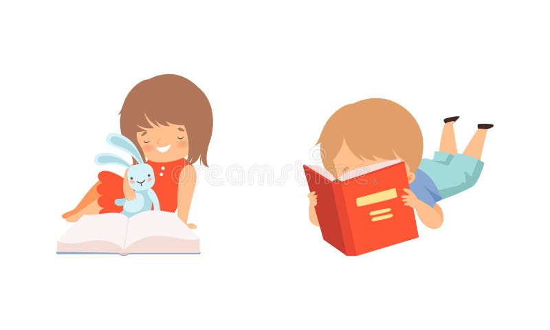 Little Girl and Boy Enjoying Reading Book Vector Set Stock Vector ...