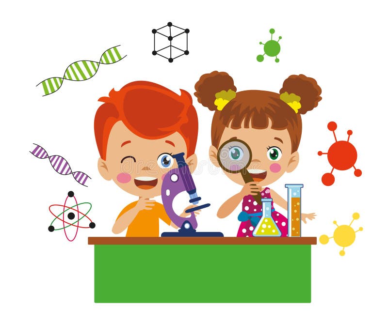 Little Girl and Boy with a Microscope Doing Experiments with a ...